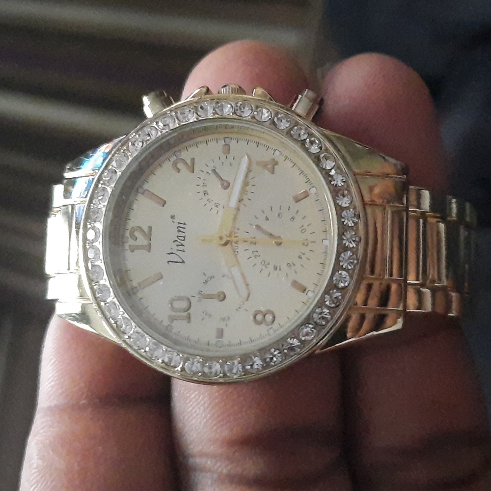 Vivani Women's Gold Toned Cuff Band Analog Watch Rhin… - Gem